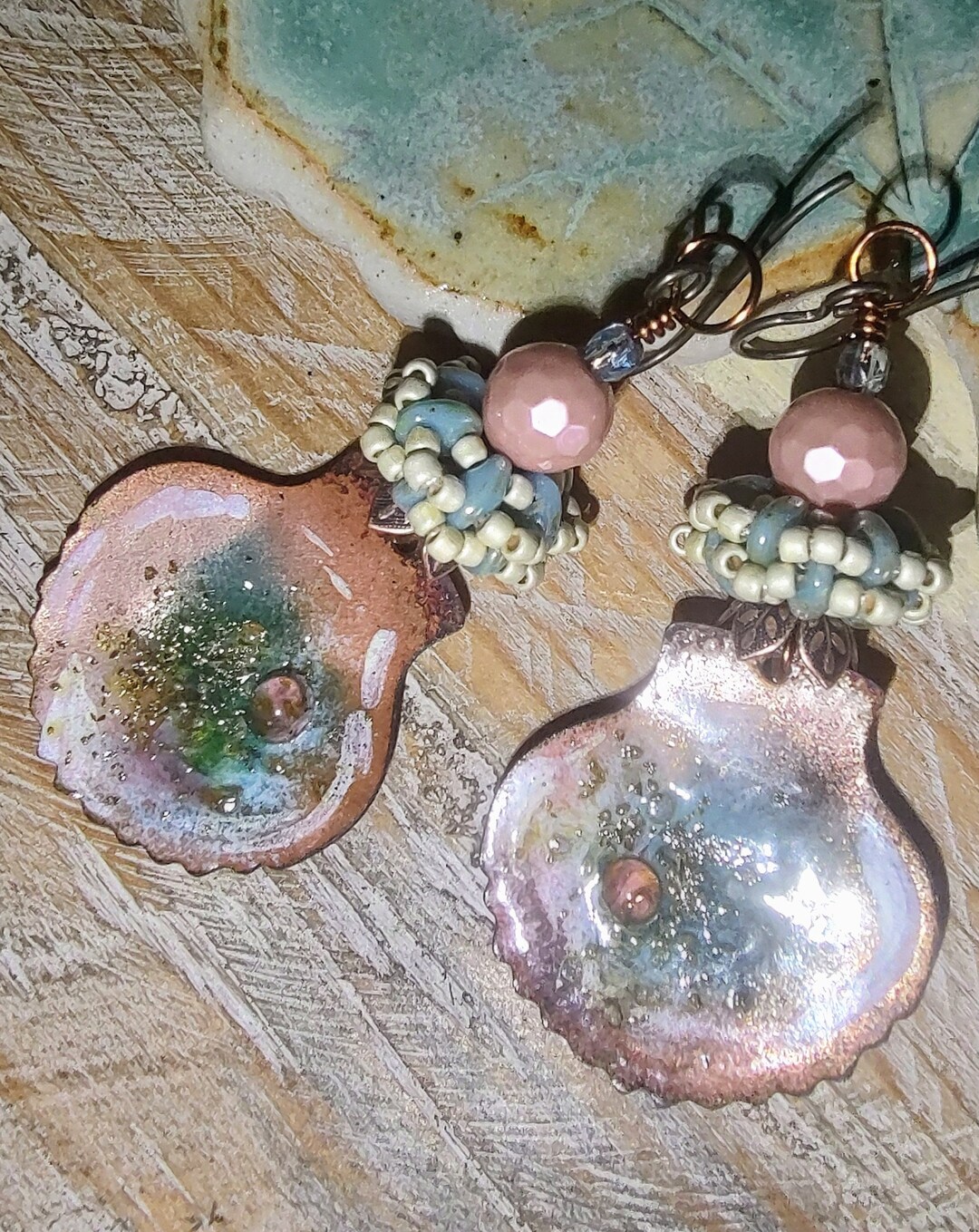 Enameled Shell Earrings * Hand Beaded Spacers * Beach Vacation * Boho ...