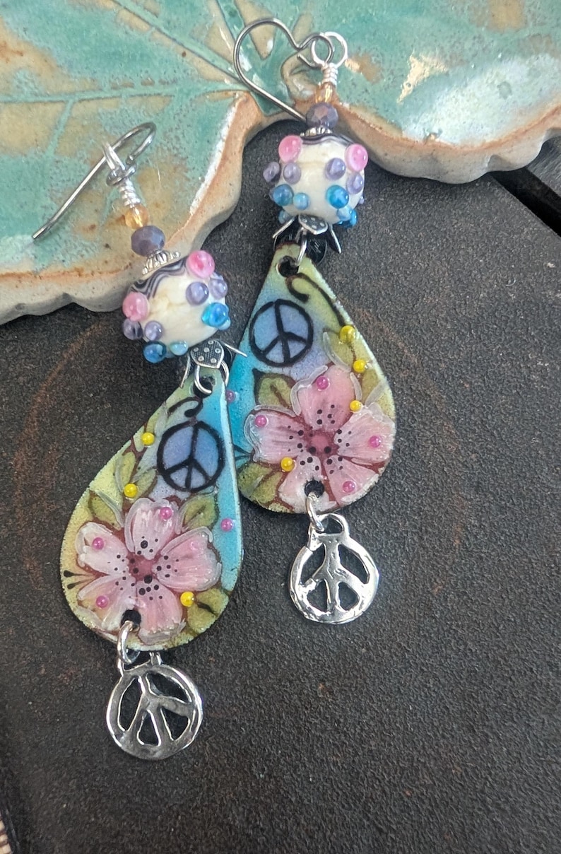 Peace Love and Happiness Enameled Earrings * OOAK Boho Style Earrings ...
