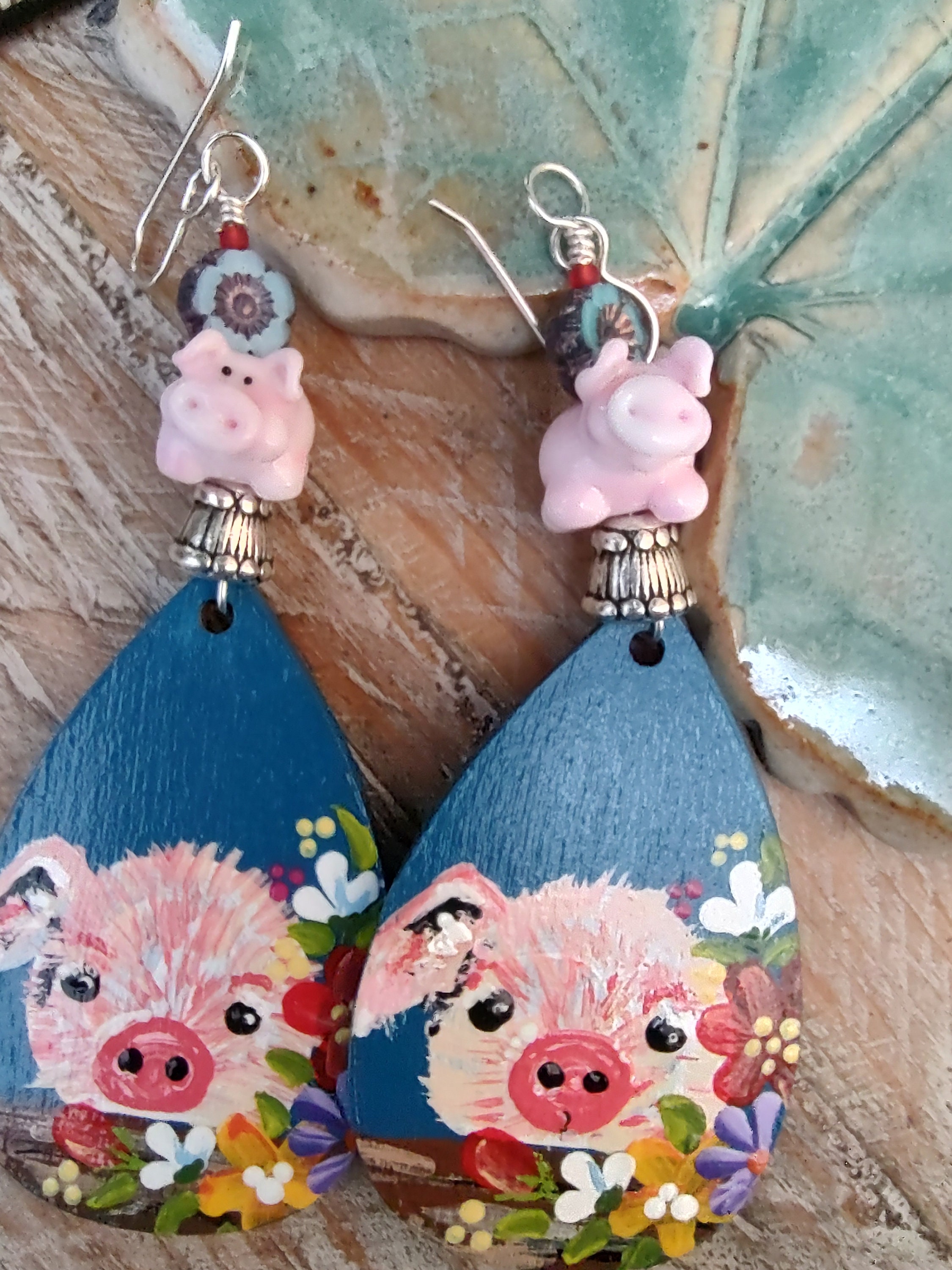 Hand Painted Pig Earrings Artisan Wood Piggy Lampwork Farm Lifeooak ...