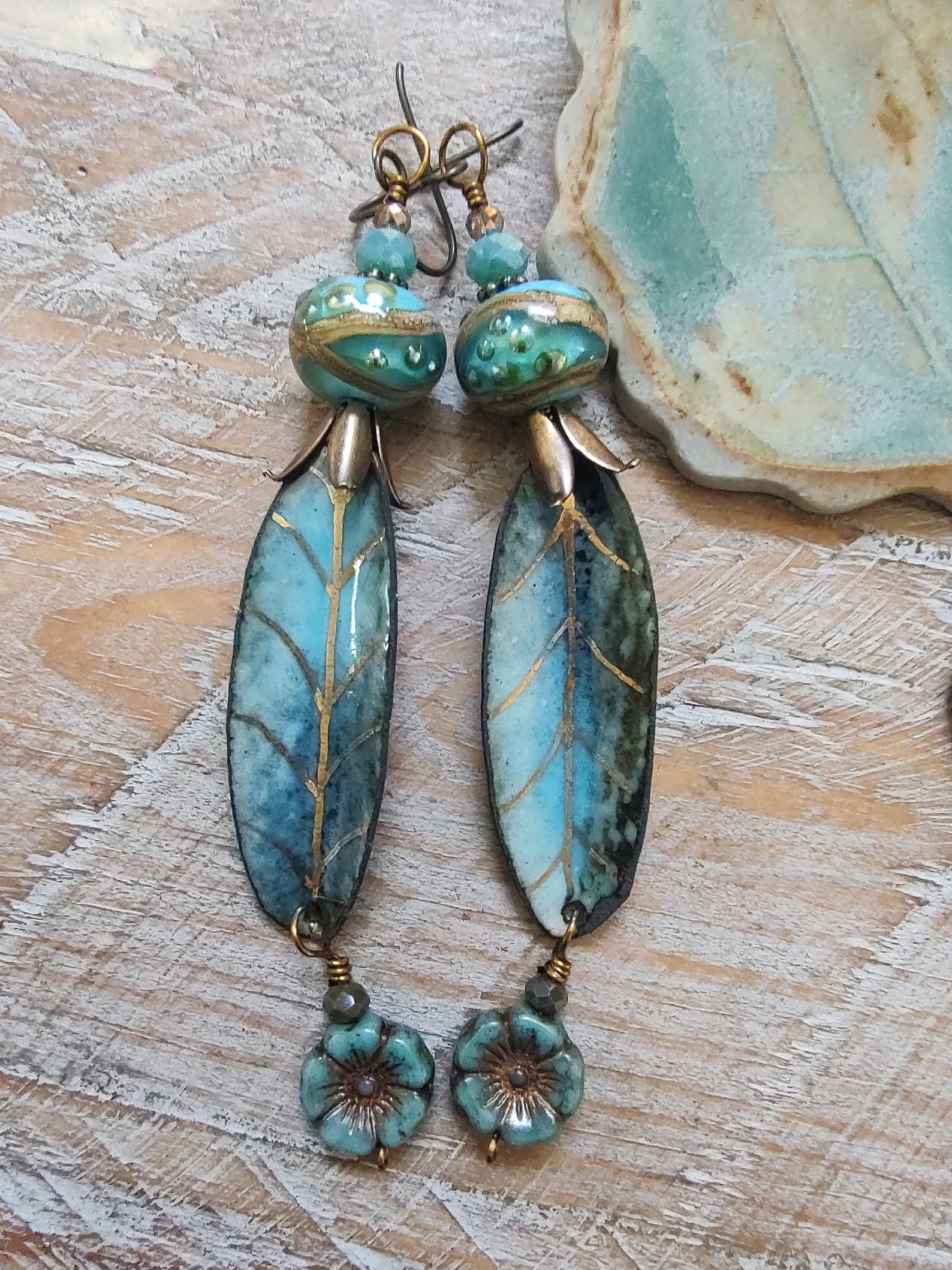Shades of Turquoise Enameled Leaf Earrings* Artisan Lampwork *nature Inspired * OOAK Boho Style ...