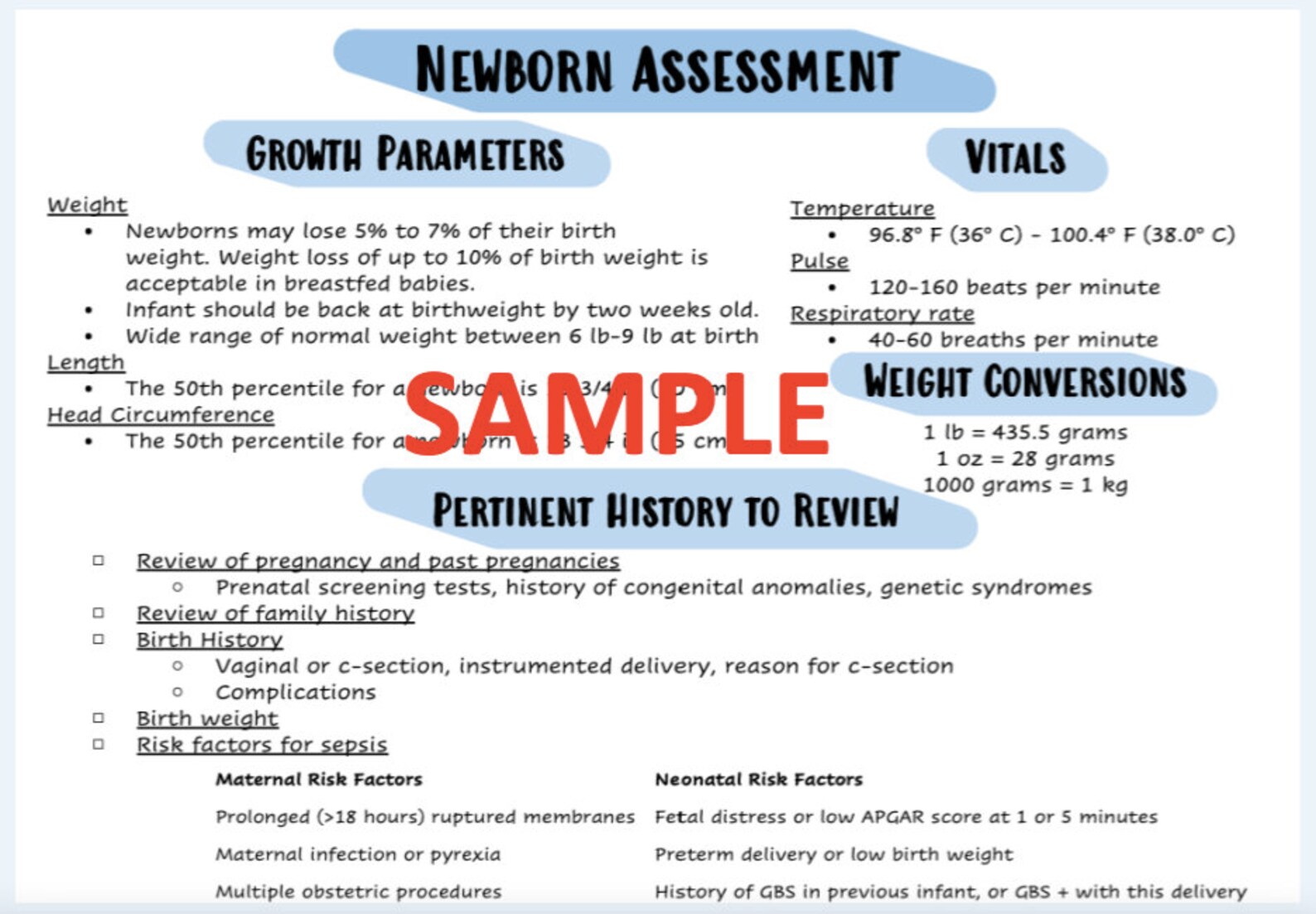 Newborn Assessment Cheat Sheet, Hard Copy Shipped to You - Etsy