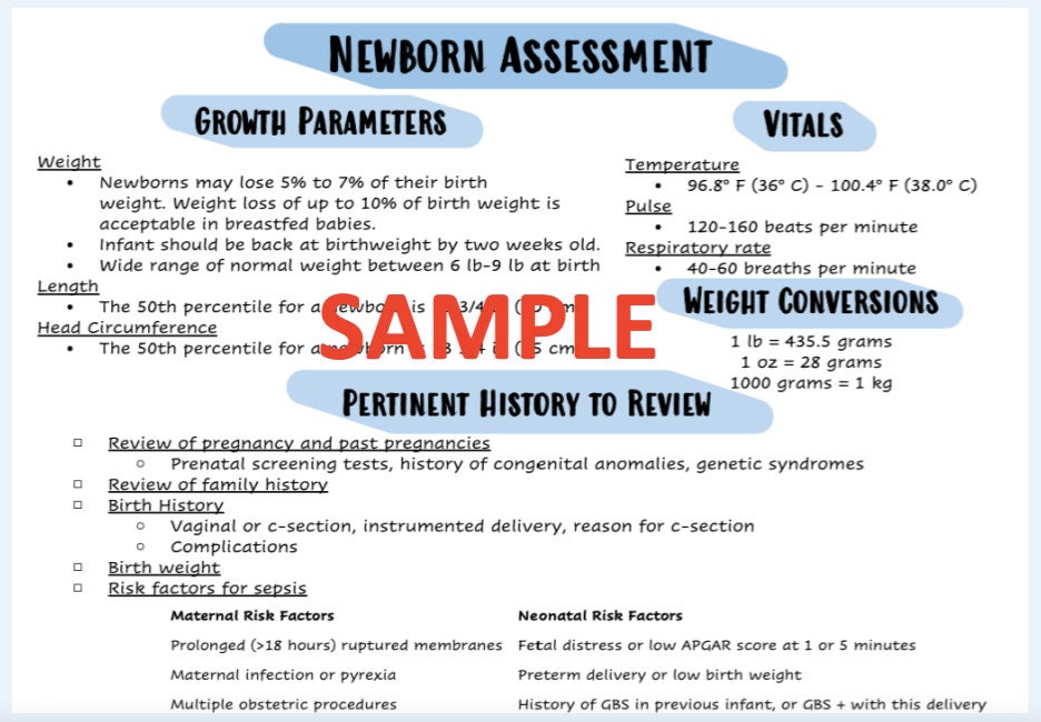 Newborn Assessment Cheat Sheet, Hard Copy Shipped to You - Etsy
