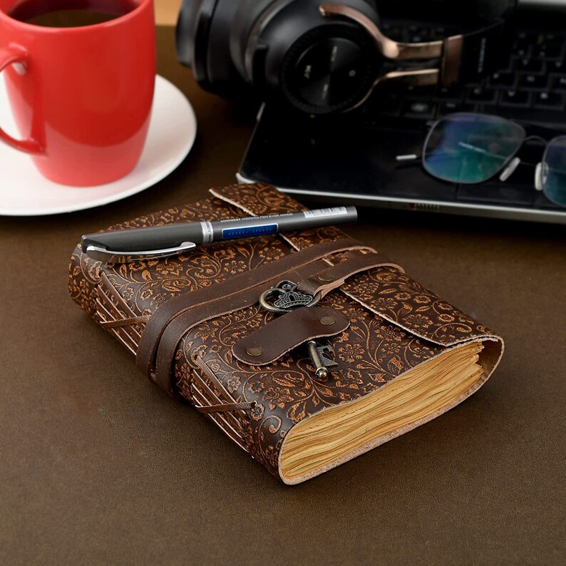 Personalised Brown Leather Journal With Floral Embossed Bound Journal ...