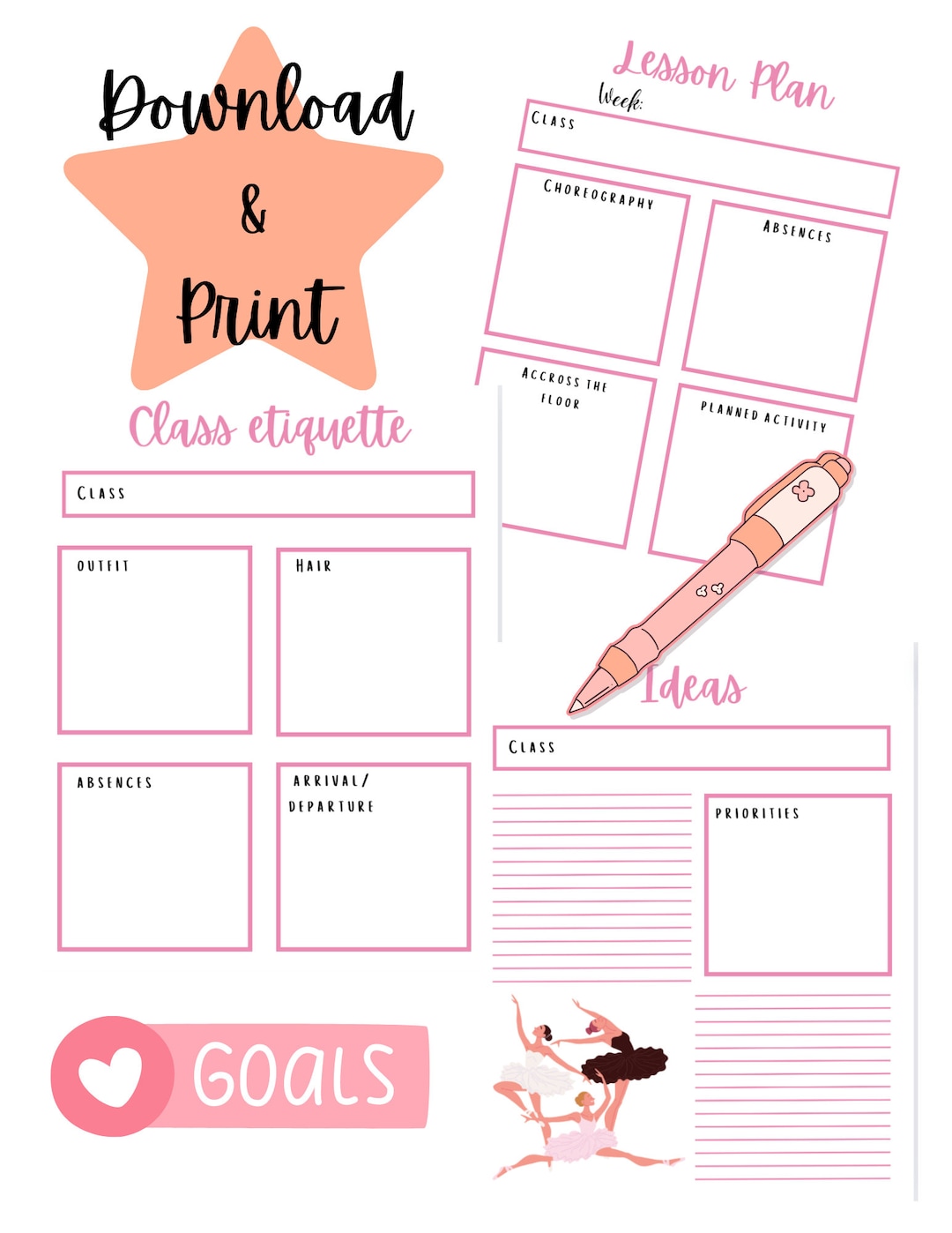 Digital Dance Teacher Planner – Printable Dance Studio Organizer – PDF ...