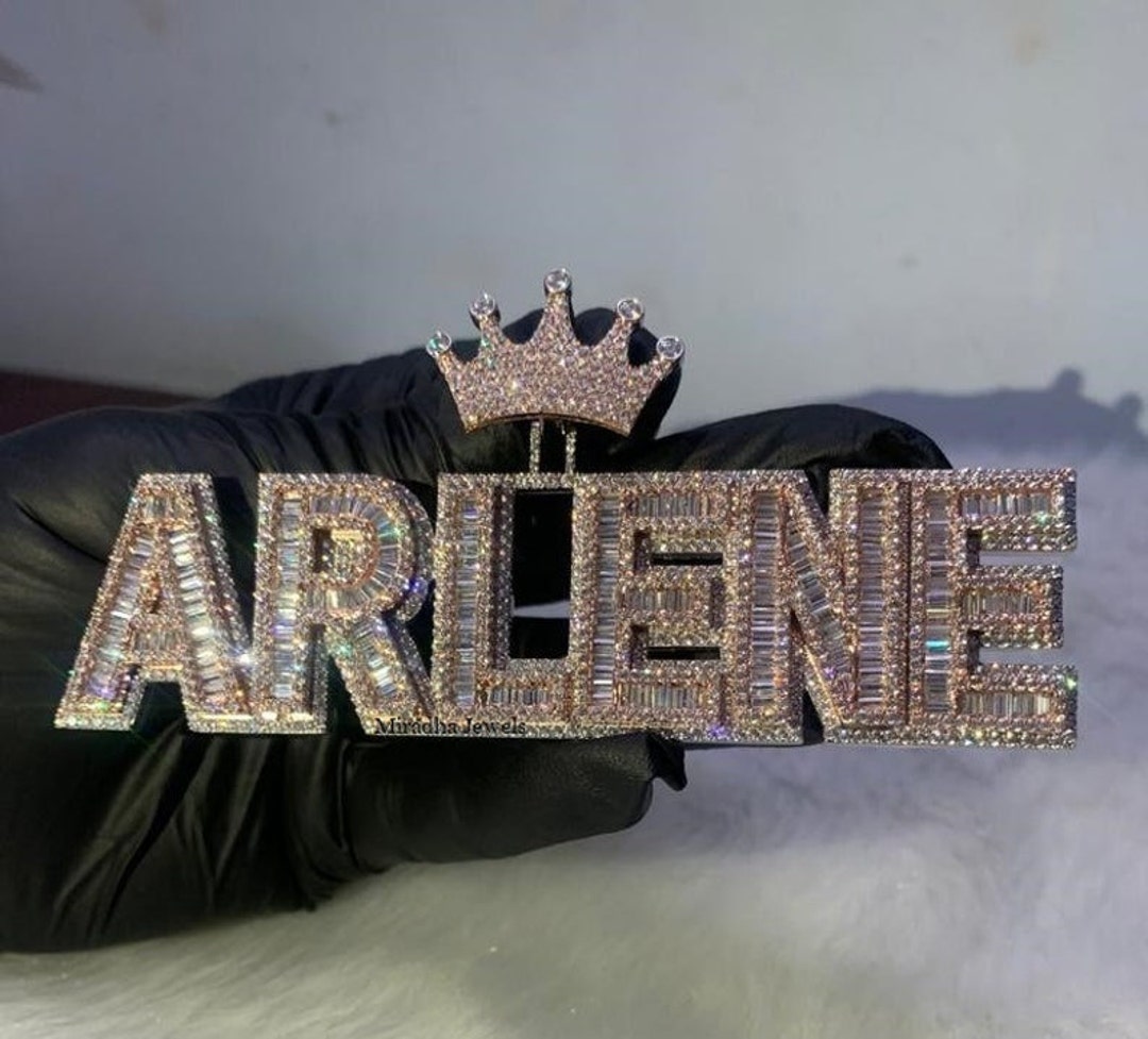Custom ARLENE Name Pendant With Crown Bail, 12ctw Baguette Moissanite ...