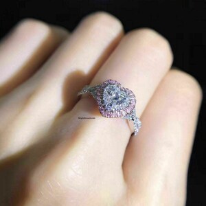 Heart Cut Moissanite Double Halo Ring Solid Gold Twisted Band With Pink ...