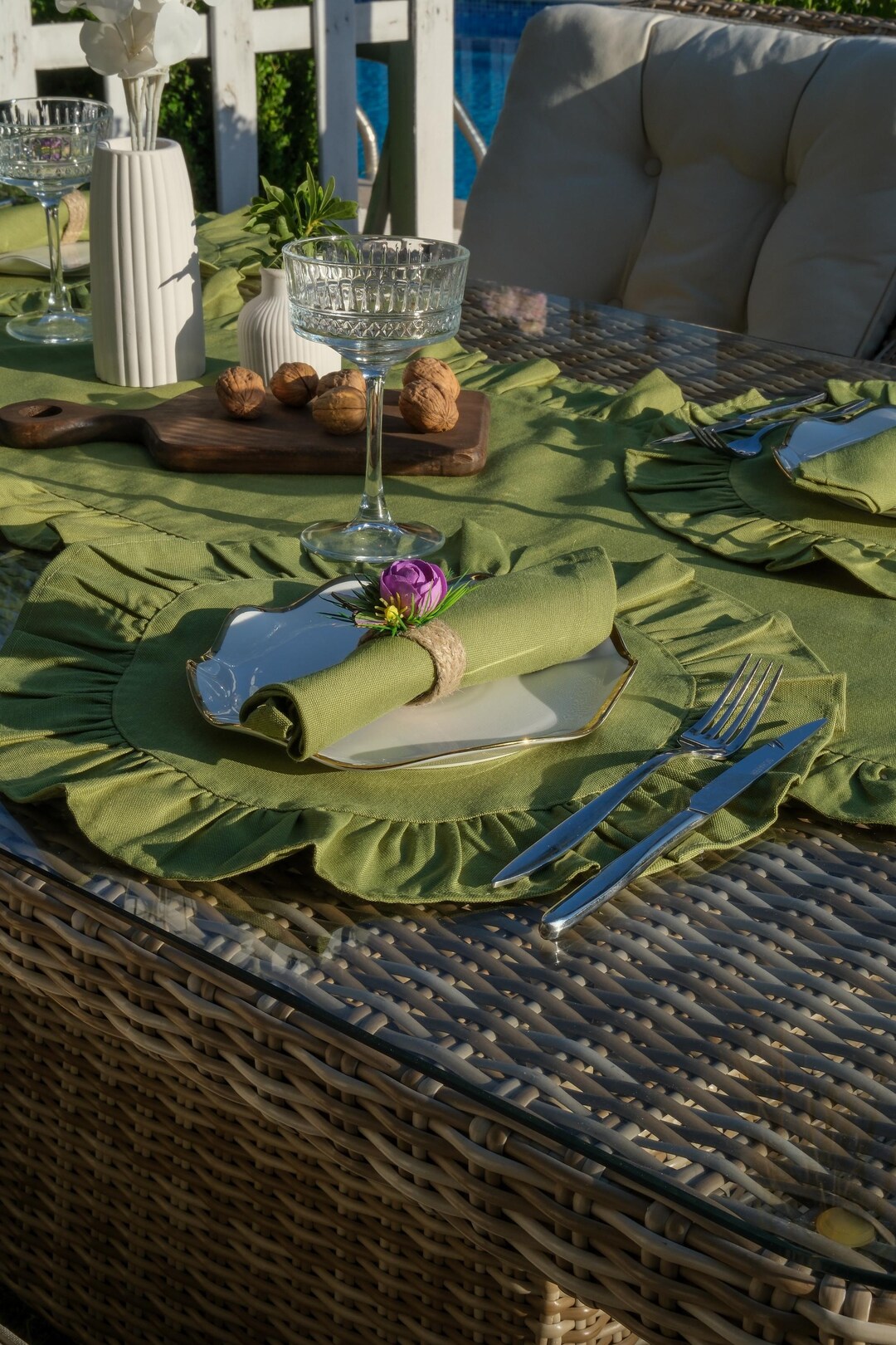 Green Ruffled Linen Table Set, Farmhouse Dining Decor - Etsy