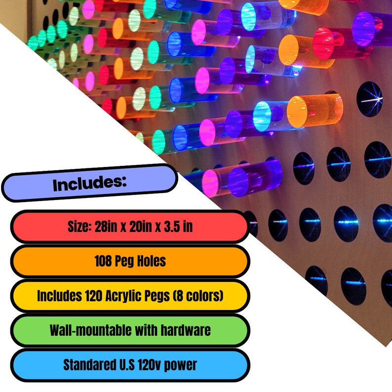 LED Peg Board With 120 Solid Acrylic Pegs, Giant Bright Light Peg Board ...