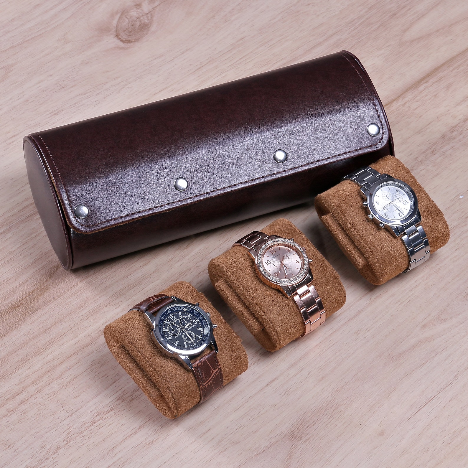 Leather Watch Case for 3 Watches, Handmade Travel Watch Roll, Brown ...