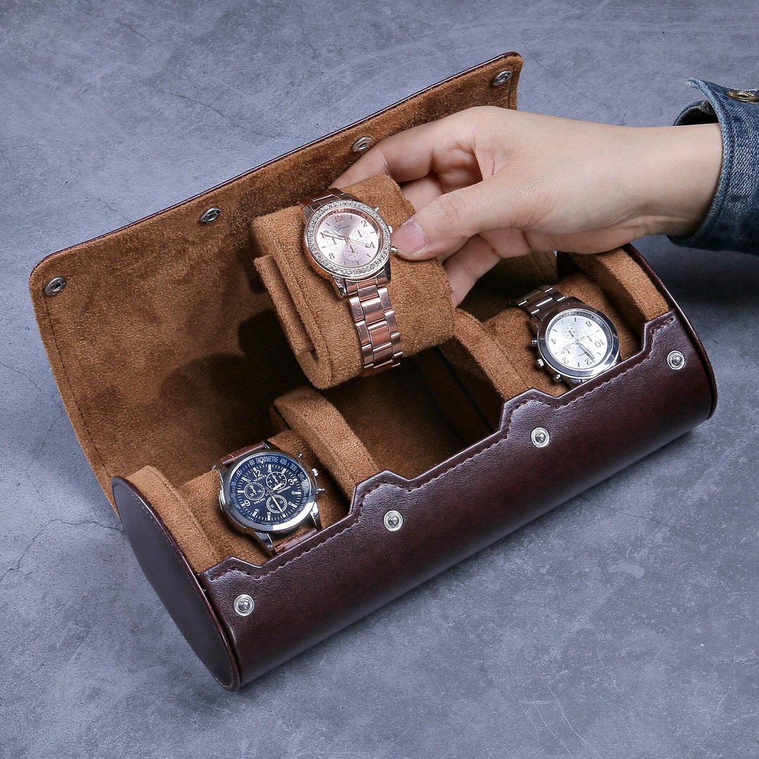 Leather Watch Case for 3 Watches, Handmade Travel Watch Roll, Brown ...