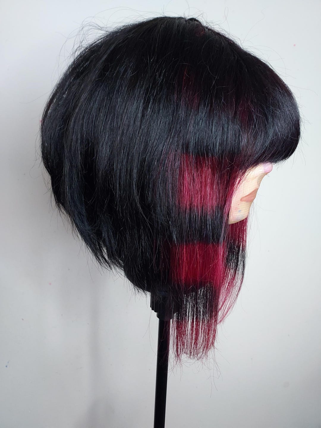 Hand Dyed, Emo Style Bob Wig With Racoon Stripe Money Pieces in Rose ...