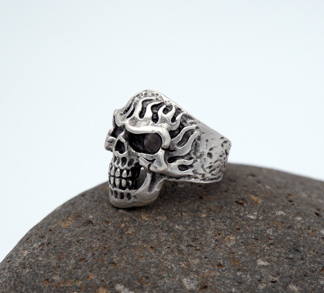 Sterling Silver Plated Fire Skull Ring: Adjustable Gothic Punk Ring - Etsy