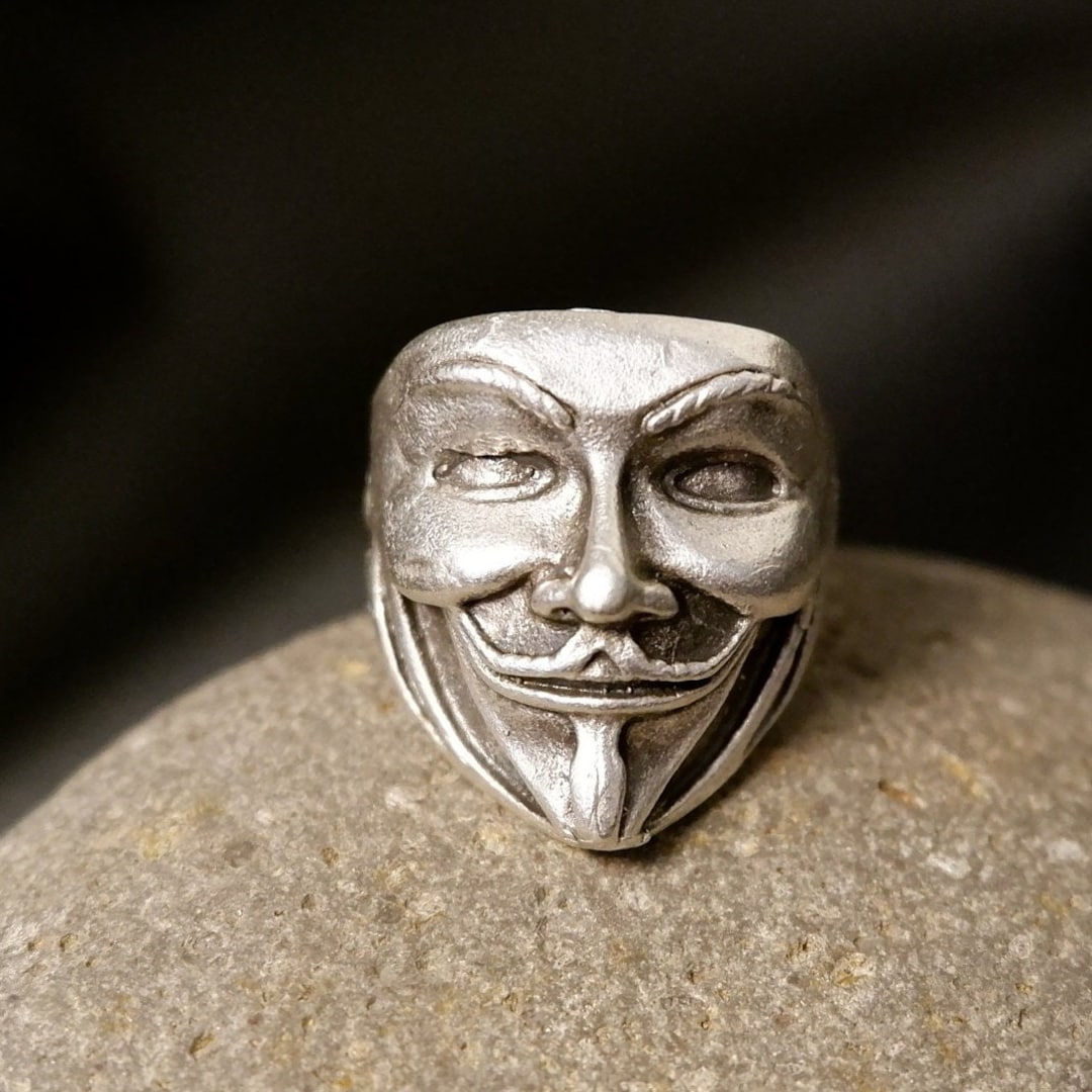 V for Vendetta Mask Ring - Silver Plated Guy Fawkes Ring, Adjustable ...
