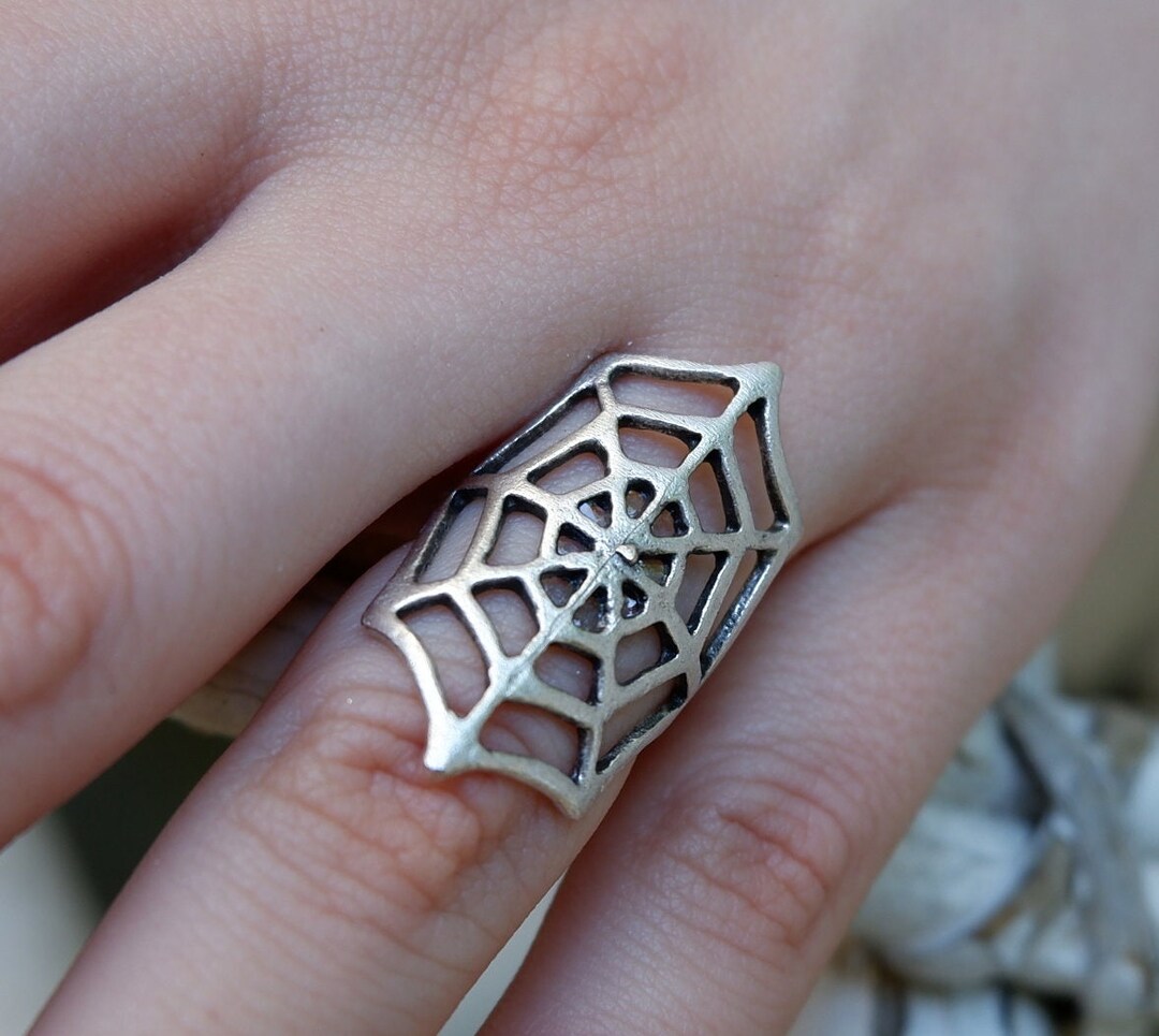 Oxidized Sterling Silver Plated Spider Web Ring - Adjustable Gothic ...