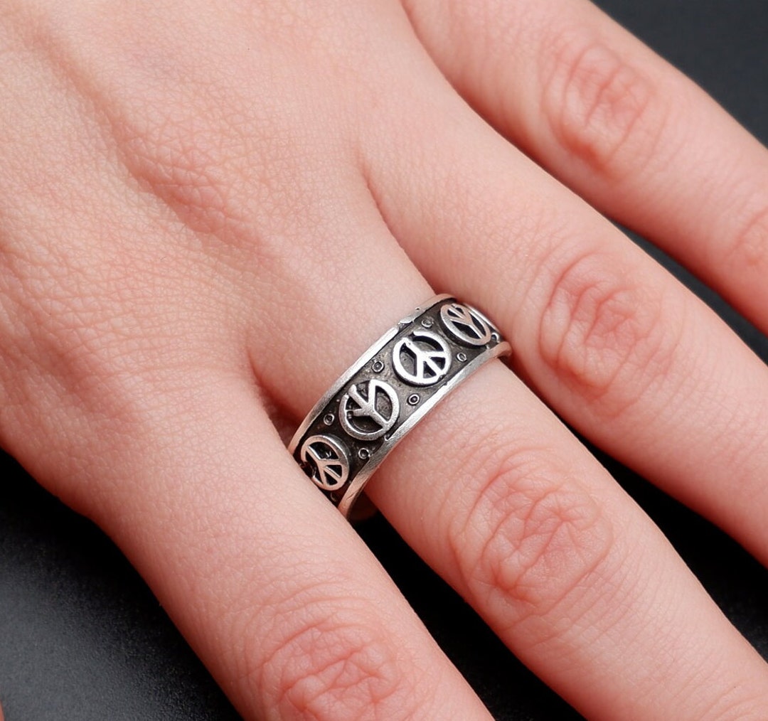 PEACE SIGN BAND Ring for Unisex - Unique Silver Ring• Dainty Chunky ...