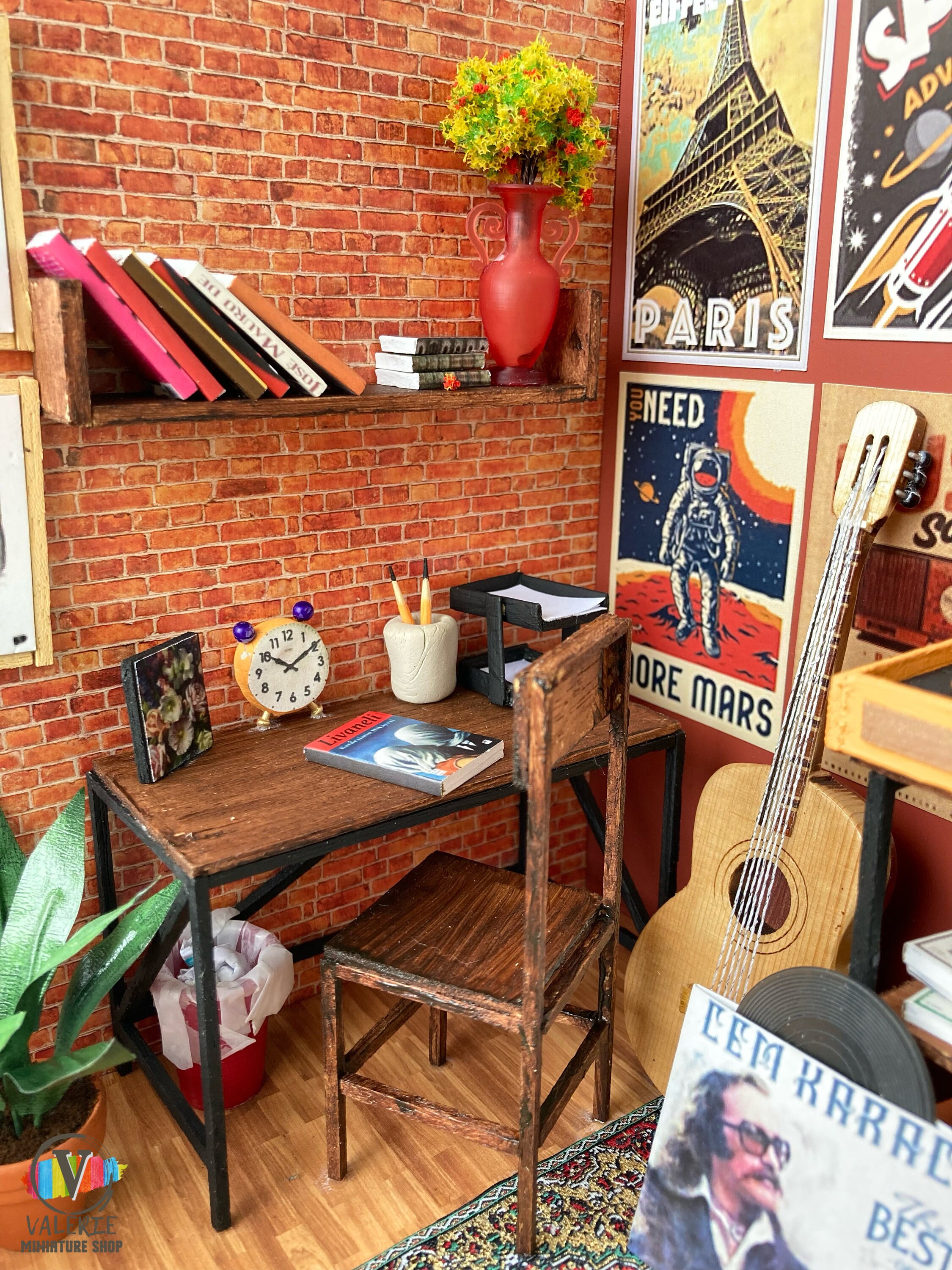 Miniature Study Room - Miniature Gift, Miniature Guitar - Diorama Study ...