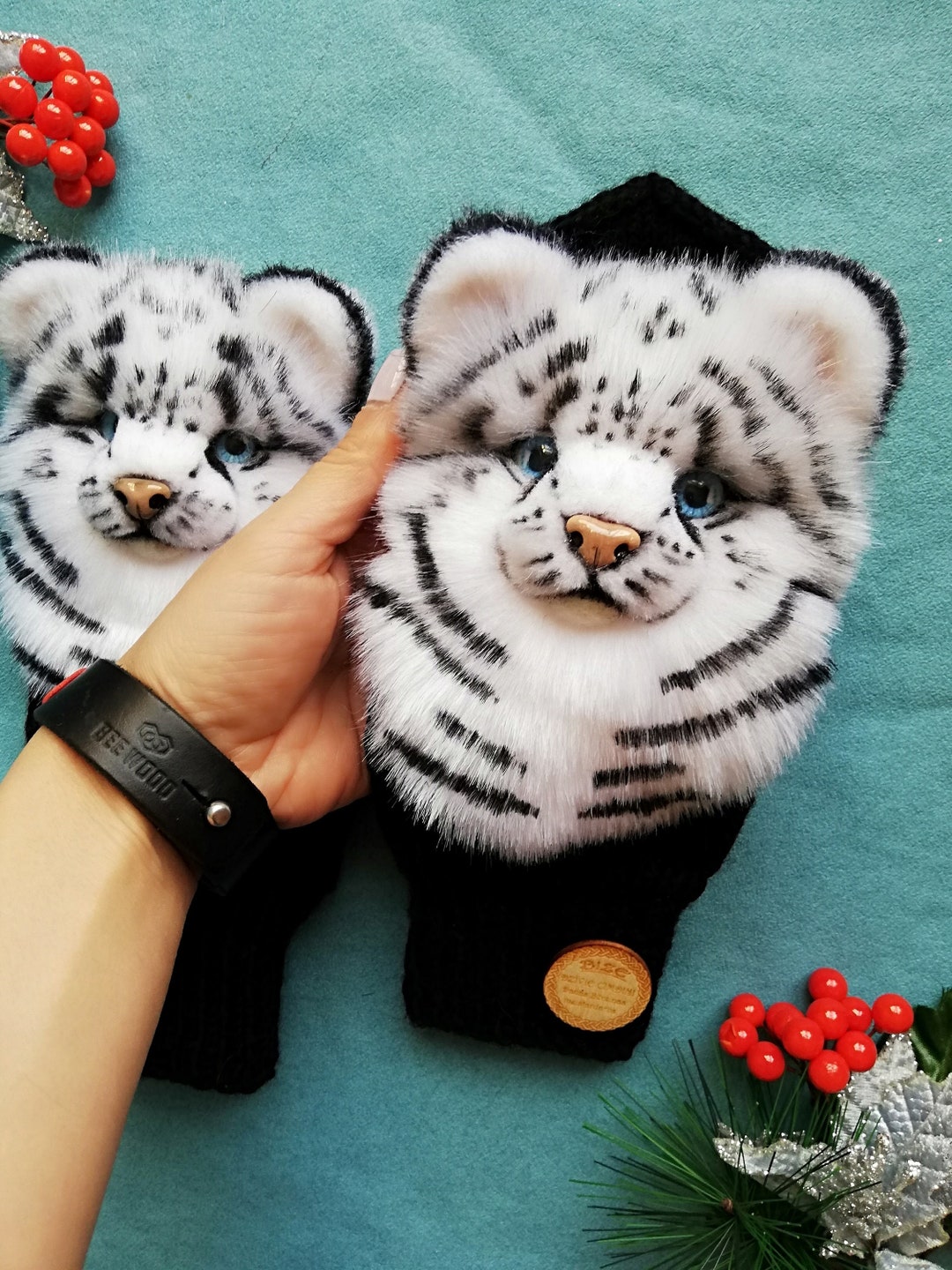 TIGER MITTENS, Applique Mittens, White Tiger, Handmade Gift, Winter ...