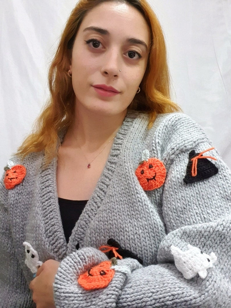 Hand Knit Halloween Cardigan: 3D Crochet Pumpkin, Ghost & Witch - Etsy