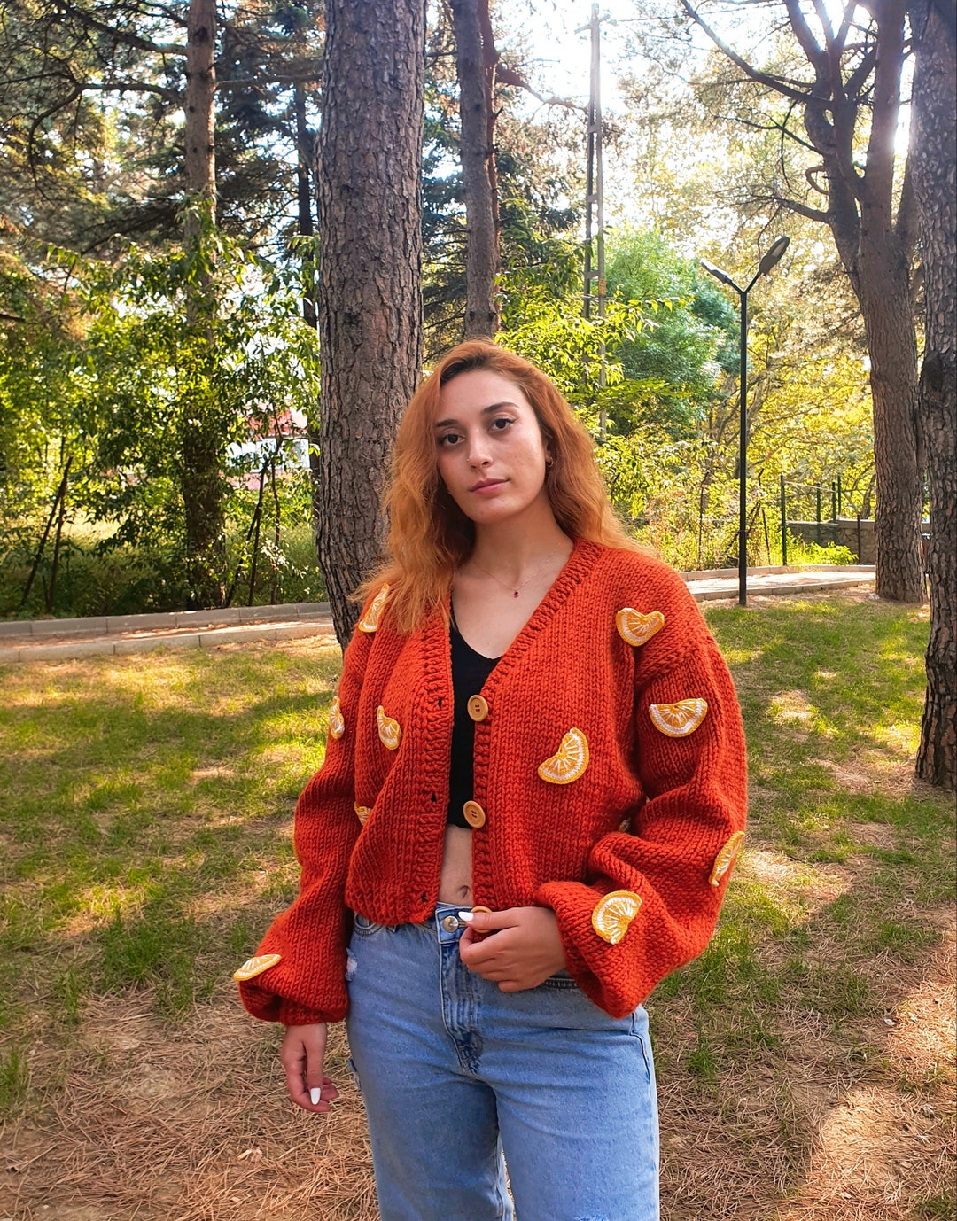 Oversized Hand-knitted Lemon Cardigan | Chunky Balloon Sleeves Orange ...