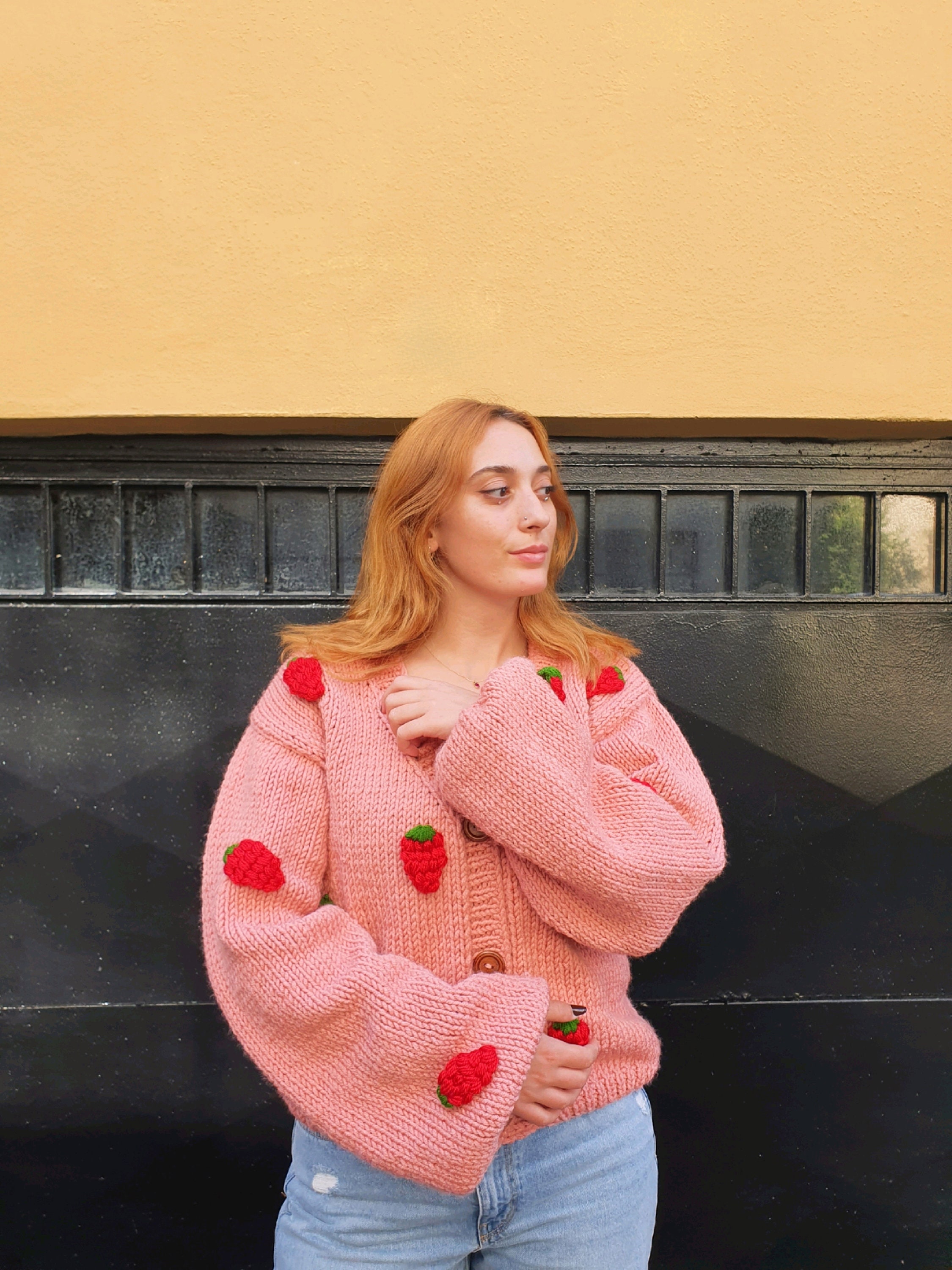 Hand-knitted Pink Strawberry Cardigan, Chunky Knit Baggy Sleeves ...