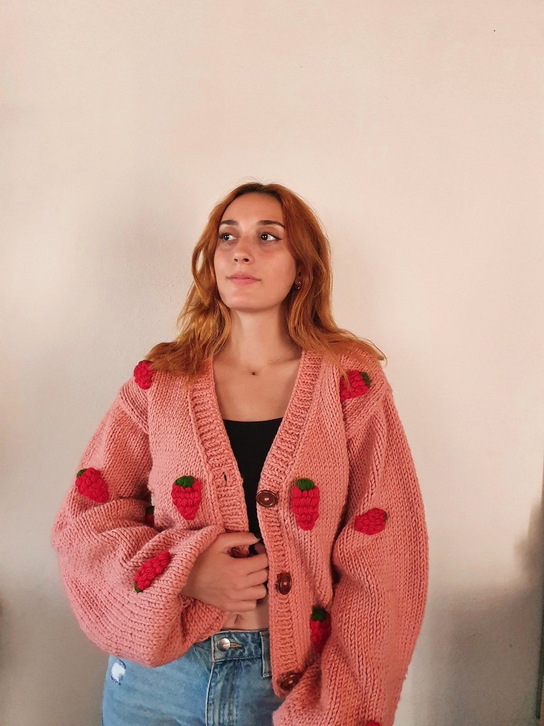 Hand-knitted Pink Strawberry Cardigan, Chunky Knit Baggy Sleeves ...