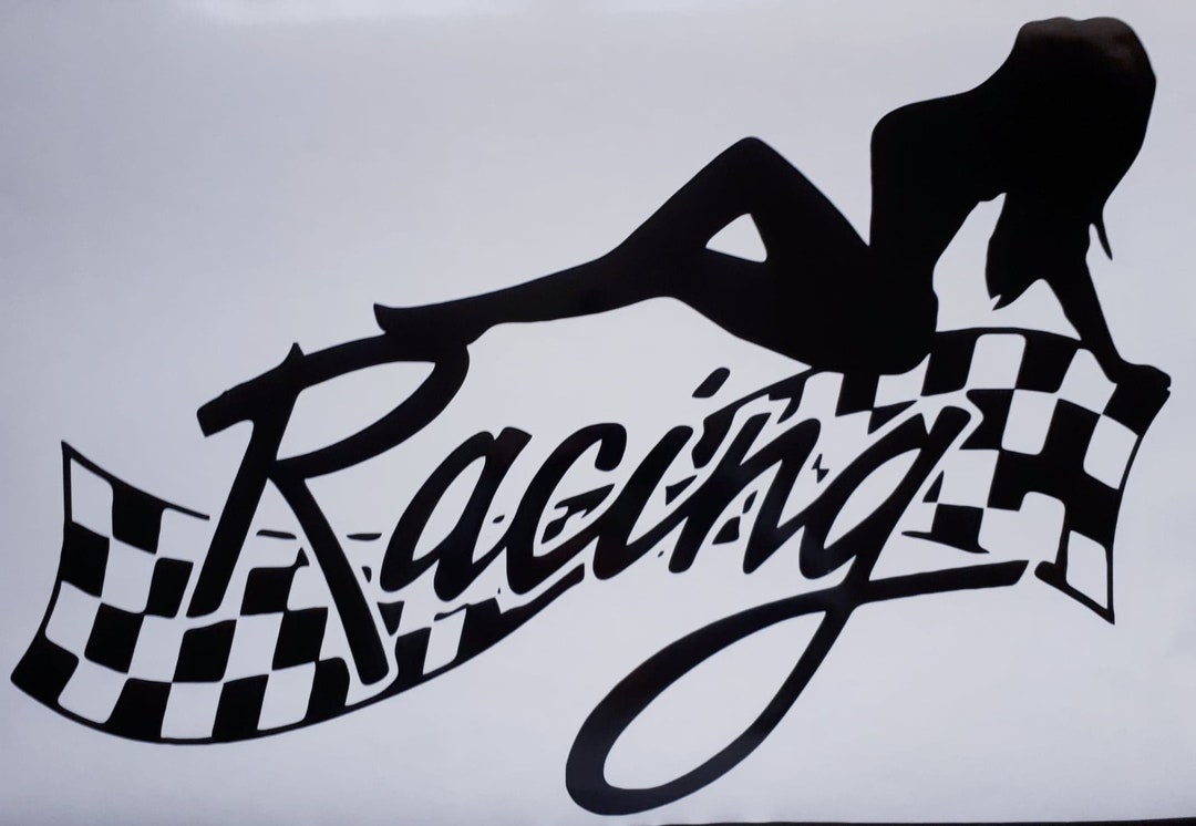 Car Bonnet Sticker Girl Racing Chequered Flag Vinyl Side Van Decal Fun ...