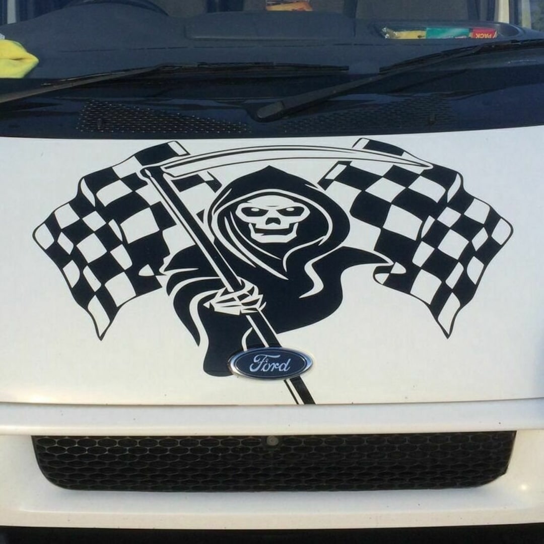 Grim Reaper Race Rally Racing Flags Skull Car Bonnet Side Sticker Decal ...