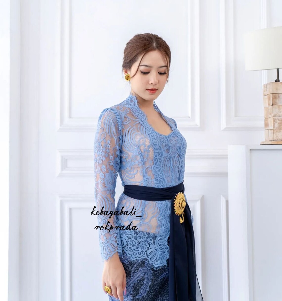 Couple Set, Full Set of Kebaya and Men's Batik Shirt, Denim Blue Couple ...