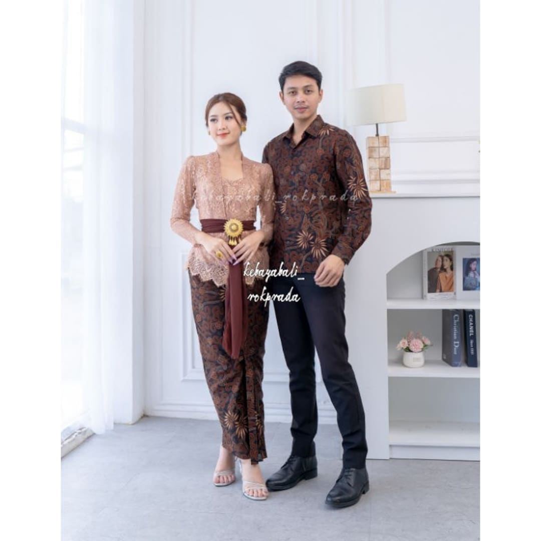Kebaya Couple Set Full Set of Kebaya and Men's Batik Shirt, Hazelnut ...