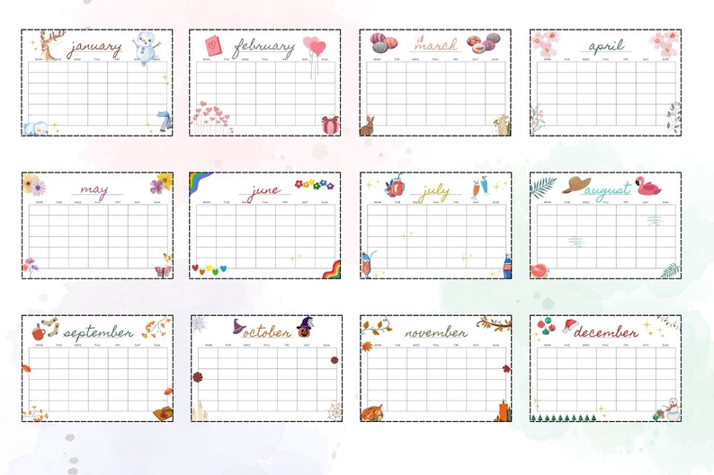 12 Month Printable Thematic Calendars Colourful 2025 - Etsy