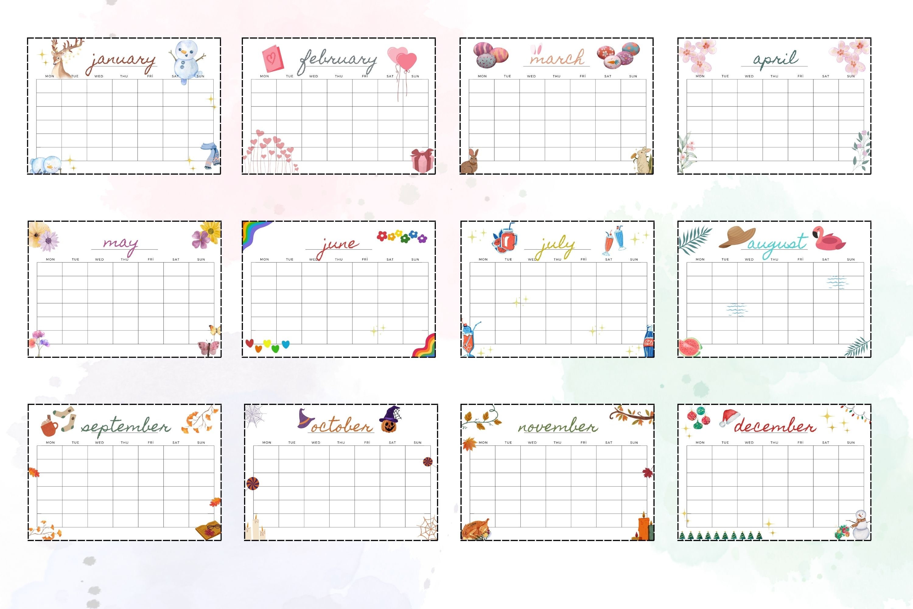 12 Month Printable Thematic Calendars Colourful 2025 - Etsy