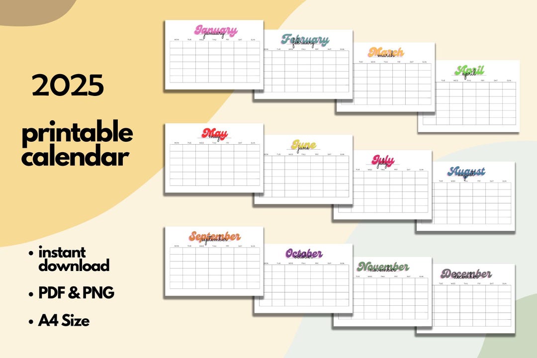 12 Month Printable Calendars Colourful 2025 - Etsy