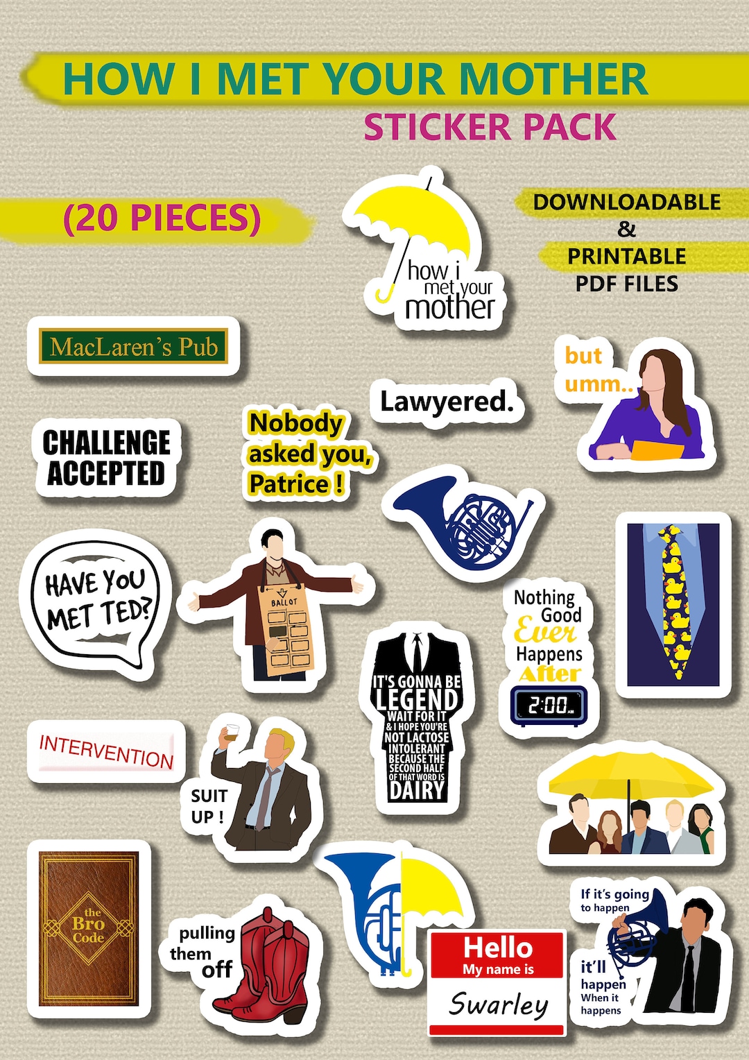 Himym TV Show Sticker Pack Ted Robin Barney Lily Marshall Printable ...
