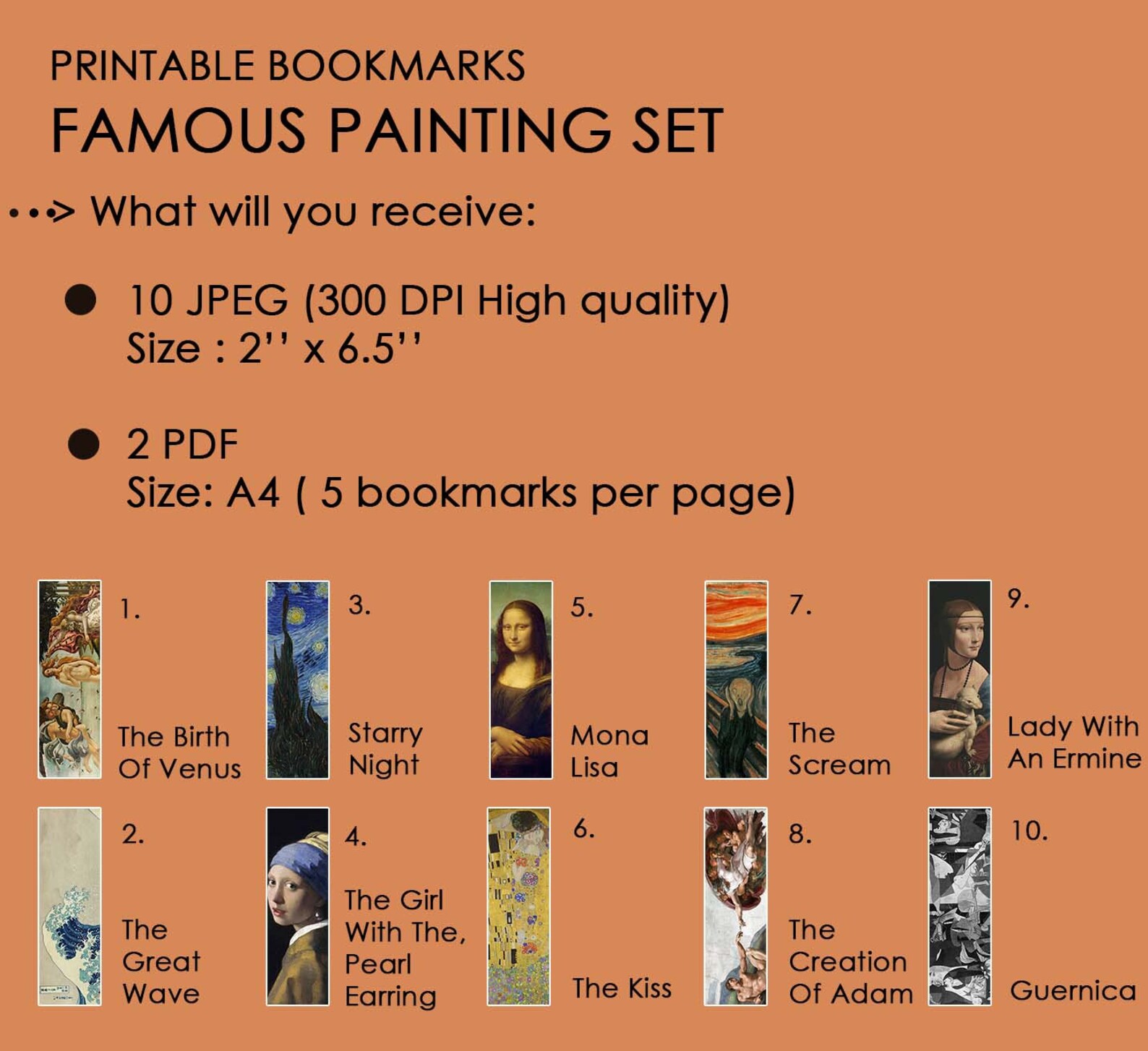 Printable Bookmarks Set , Famous Paintings Bookmarks , Digital Bookmark ...