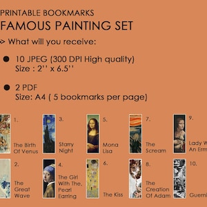 Printable Bookmarks Set , Famous Paintings Bookmarks , Digital Bookmark ...
