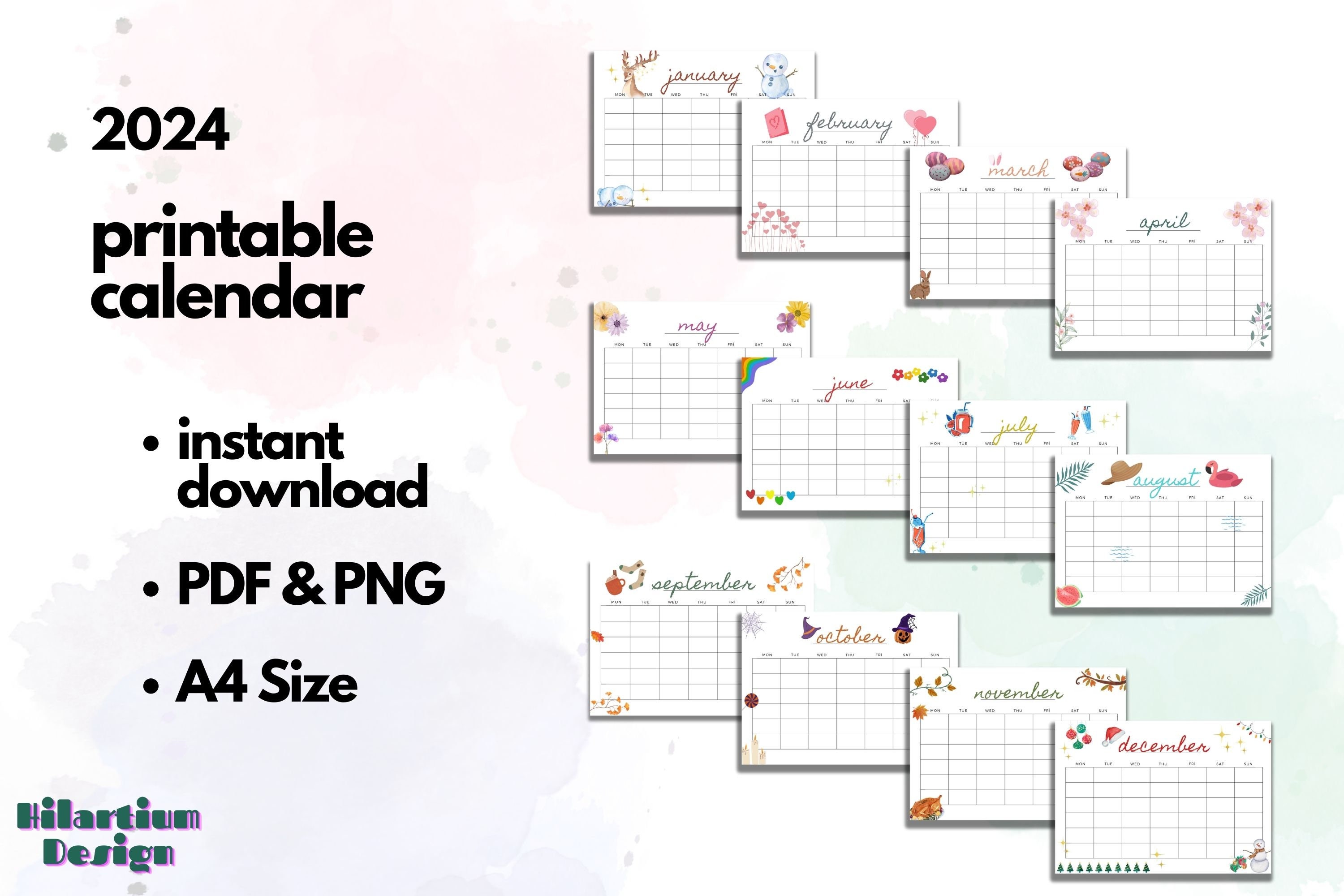 12 Month Printable Thematic Calendars Colourful 2024 - Etsy