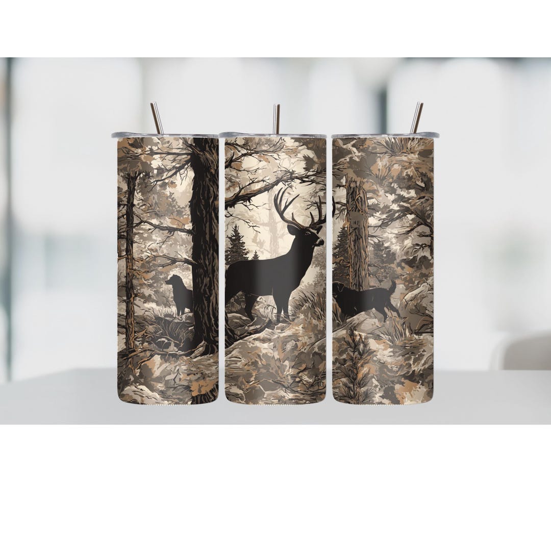 Rustic Hunting Dogs and Deer Tumbler Wrap, Mossy Camo Skinny Tumbler ...