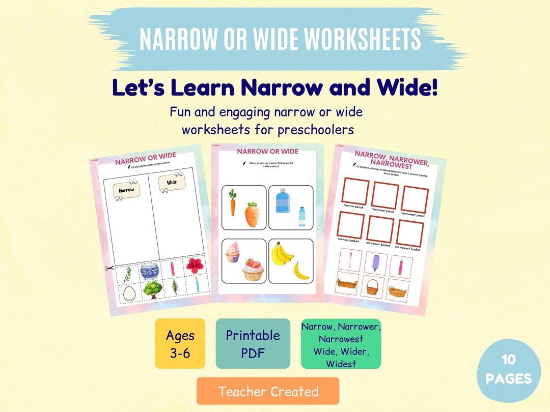 Narrow or Wide Worksheets - Size Activities for Preschool - Printable ...