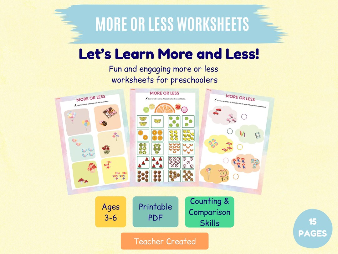 More or Less Worksheets for Preschool - Comparing Activity Printable ...