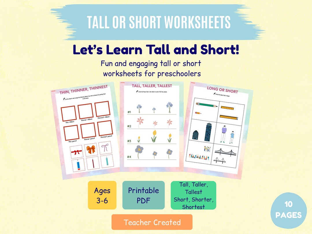 Size Sorting Worksheets - Tall or Short Activities for Preschool and ...