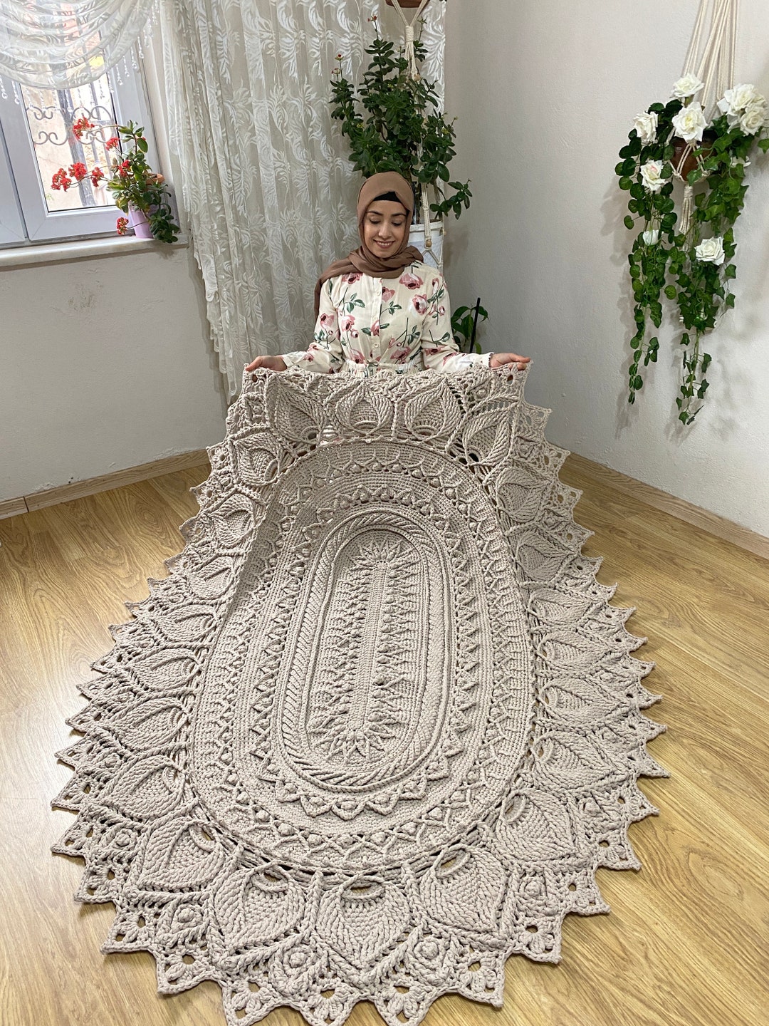 Beige Crochet Oval Rug, Handmade Embossed Rug, Oval Bedroom Rug ...