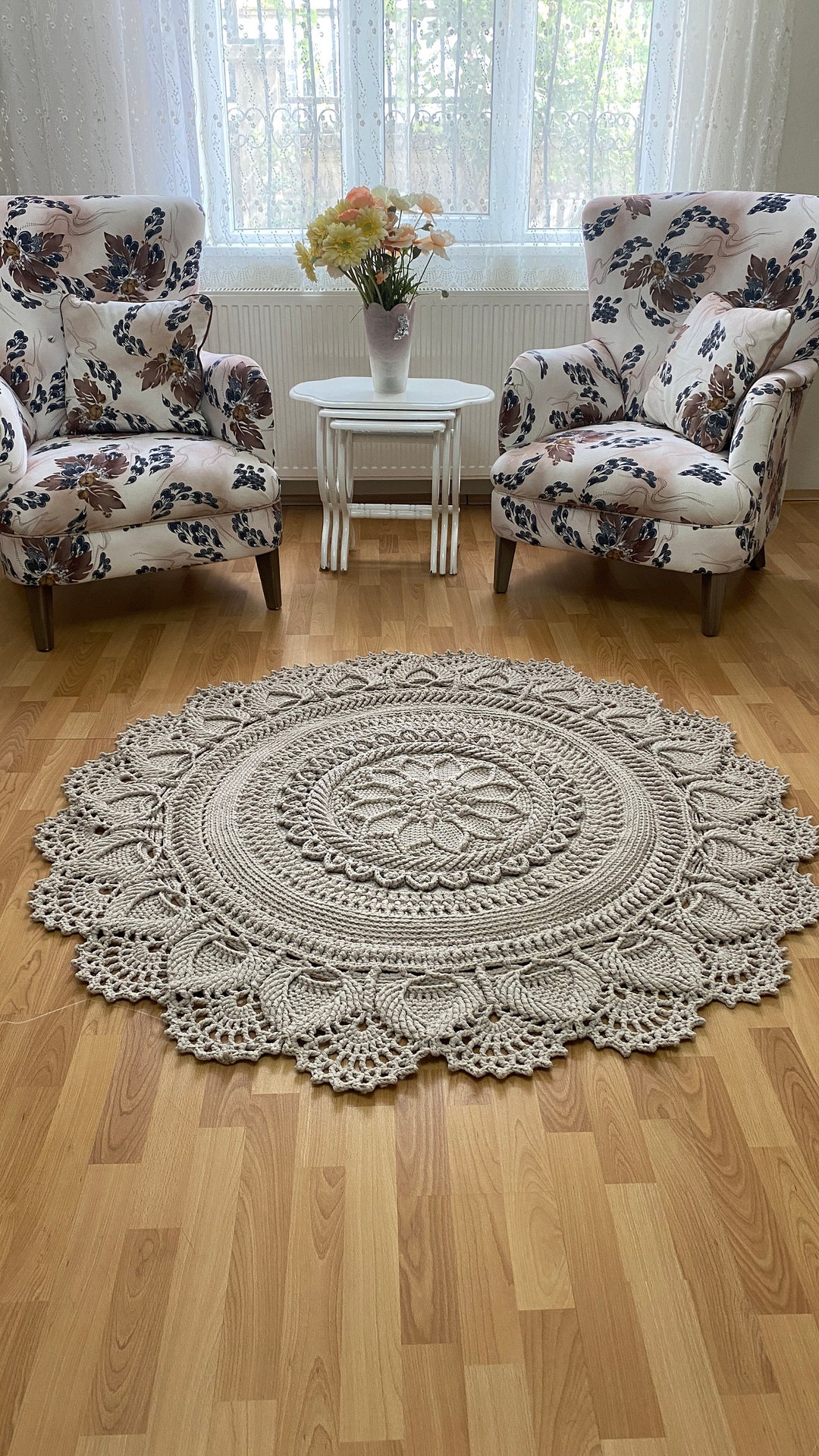 Crocheted Round Carpet,macrame Beige Carpet,kinitted Carpet Rug, Living ...