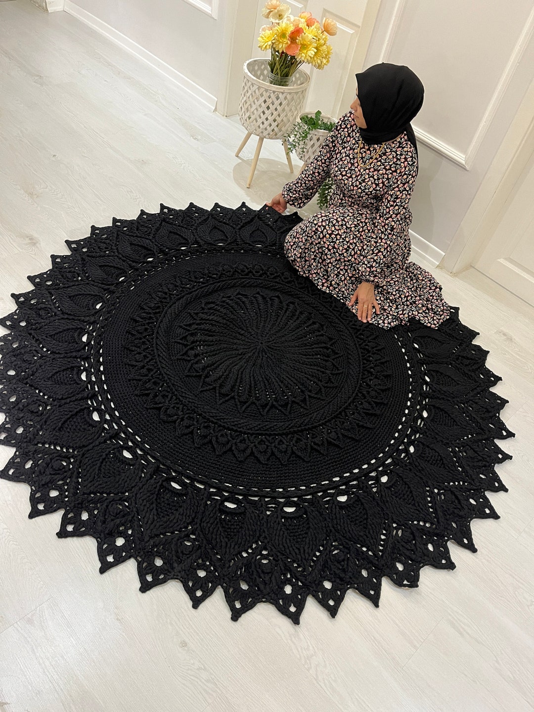 Black Crochet Knitted Rug, Handmade Black Color Bathroom Rug, Bedroom ...