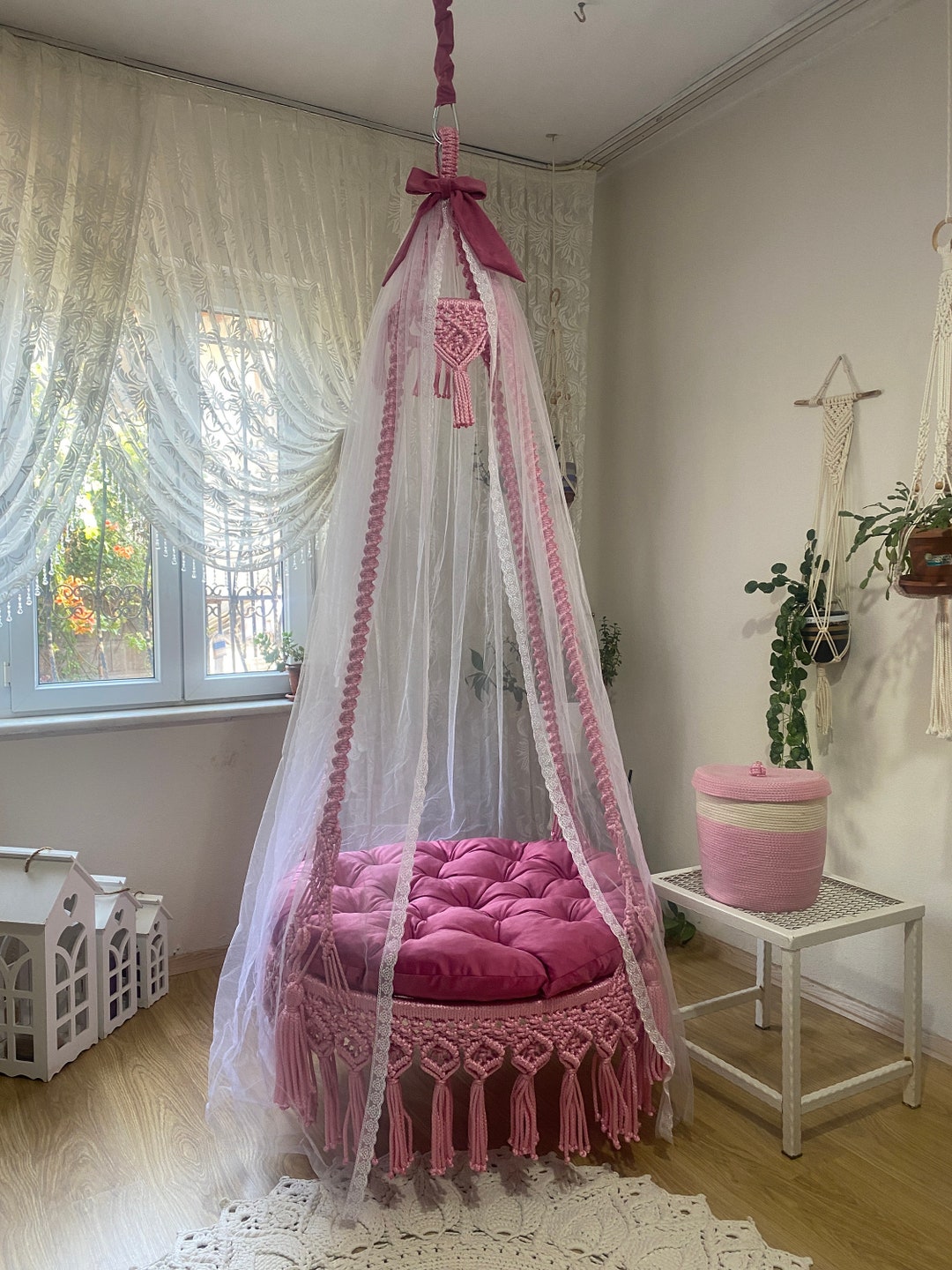 Macrame Pink Swing Chair,macrame Swing,macrame Hanging Chair ...