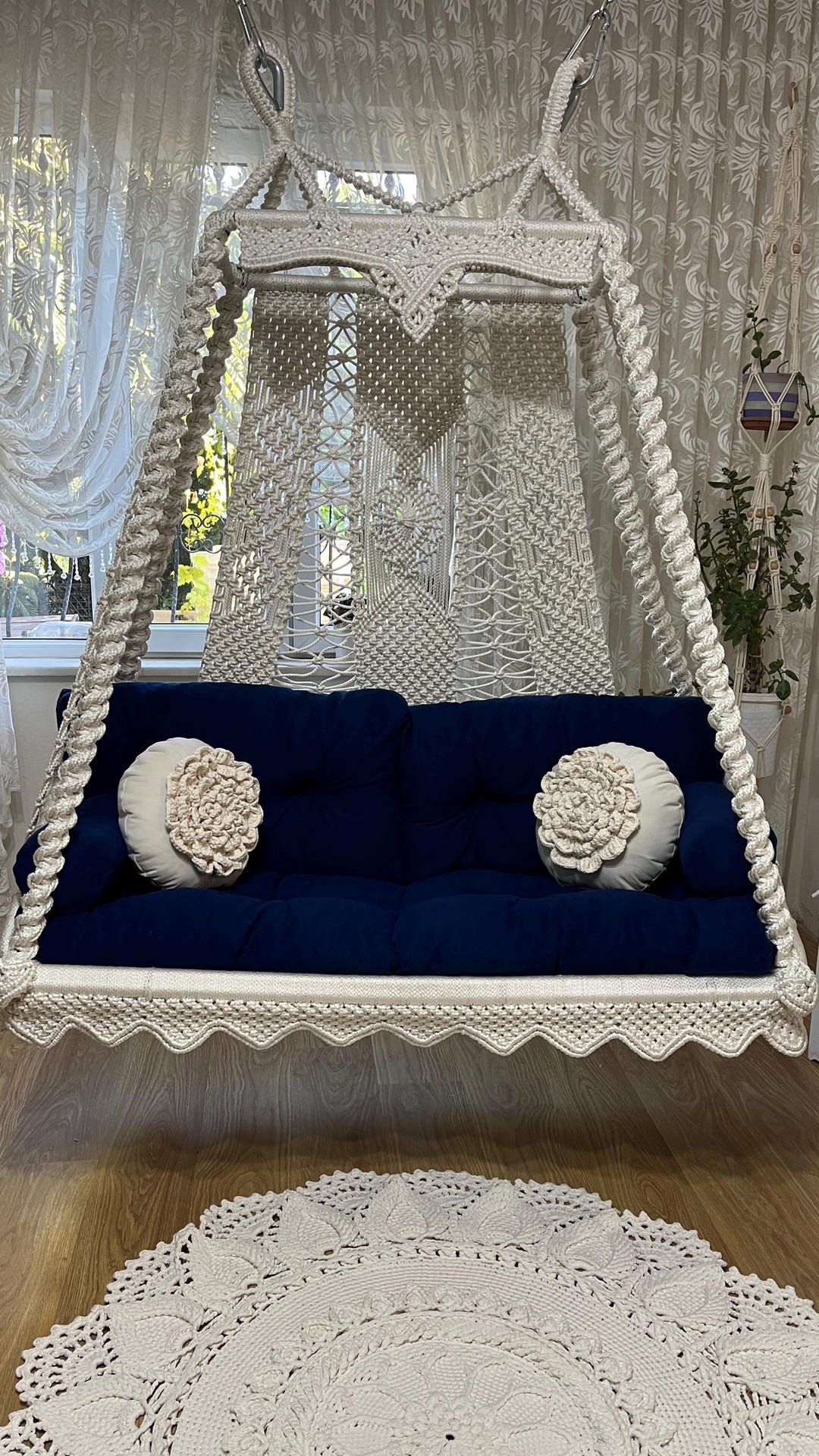 White Macrame Double Garden Swing,macrame Double Patio Swing,macrame Double Swing,macrame Double ...