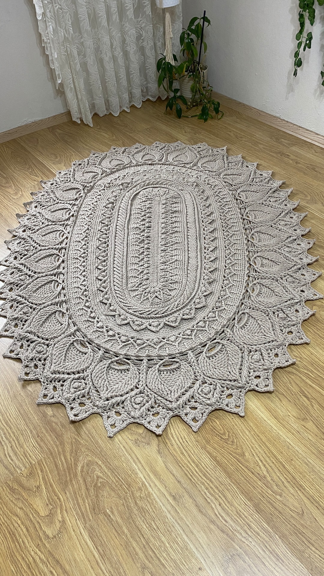Beige Crochet Oval Rug, Handmade Embossed Rug, Oval Bedroom Rug ...