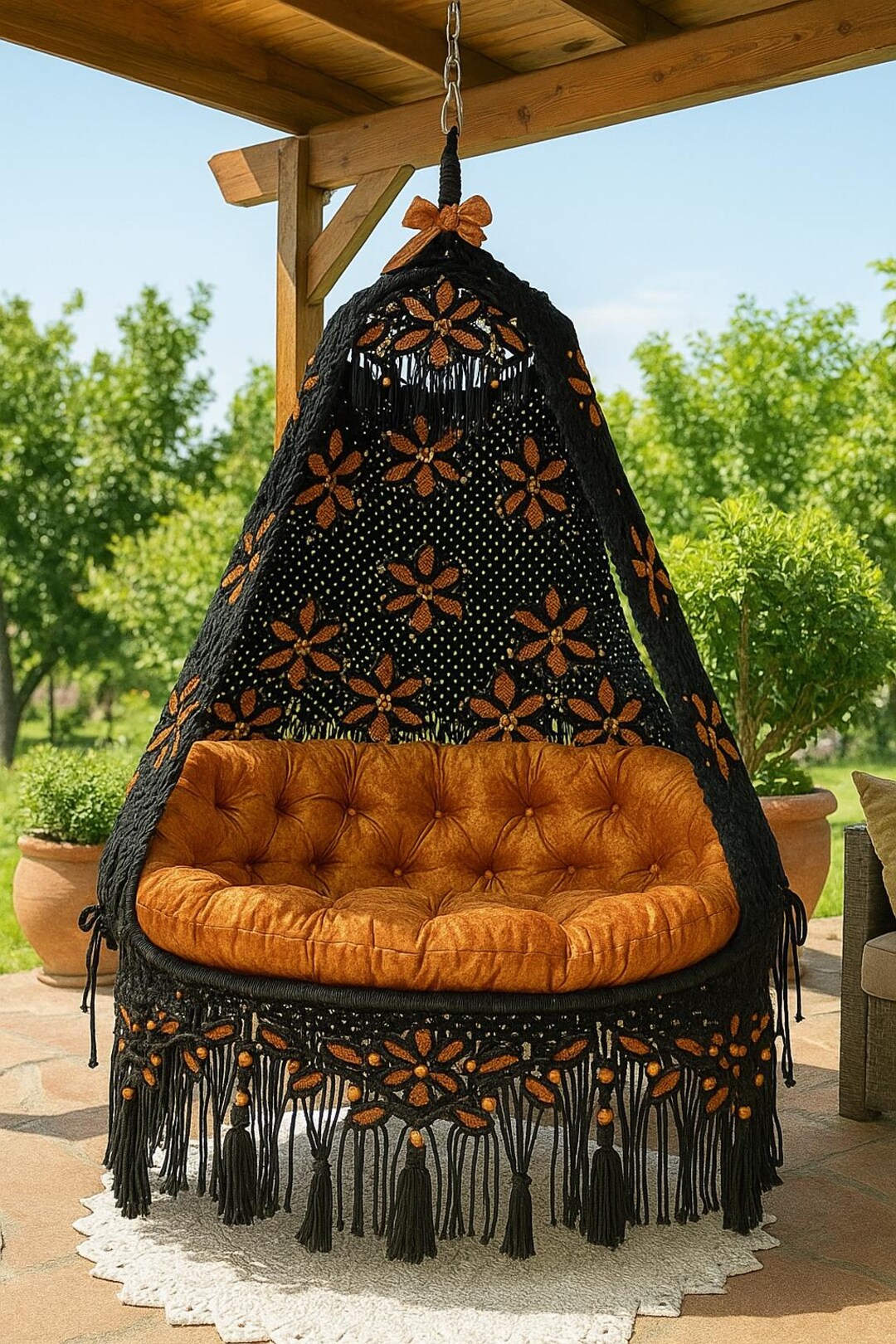 Handmade Macrame Swing Chair – Black & Copper, Bohemian Hanging Hammock ...