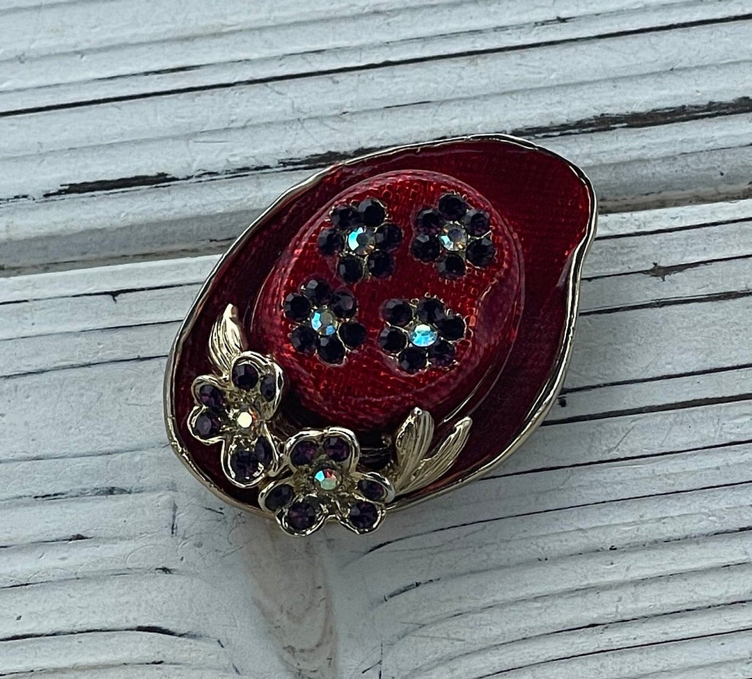 Vintage Enamel Red Hat Brooch With Flowers and Multi- Color Rhines ...