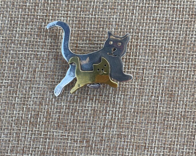Vintage 925 Sterling Silver Cat With Tiny Gold Tone Kitty Brooch - Etsy