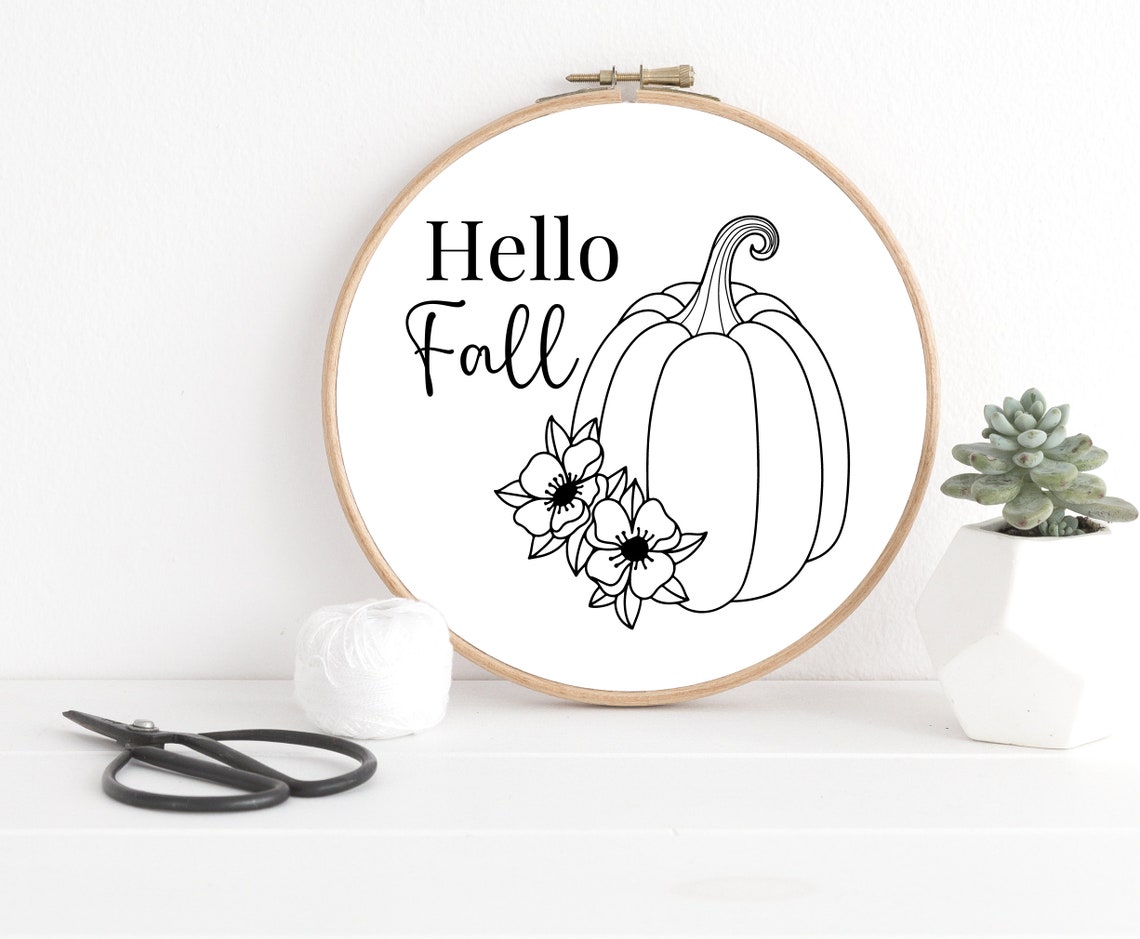 Hello Fall Hand Embroidery PDF - Floral Pumpkin Embroidery Pattern ...